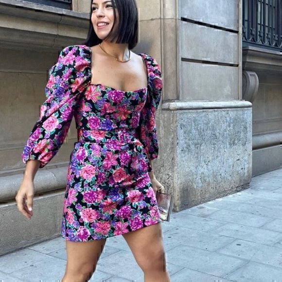 Zara | Dresses | Zara Floral Print Dress Square Neckline Long Puff ...